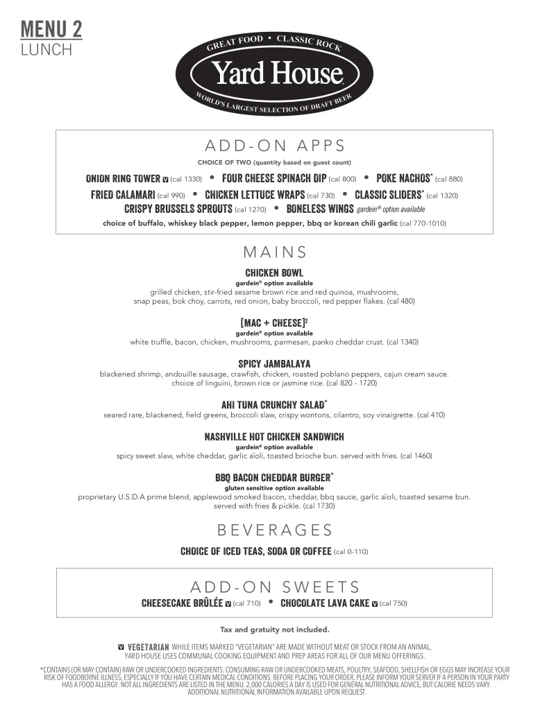 Yard House Group Dining Menu - Lunch & Dinner Details